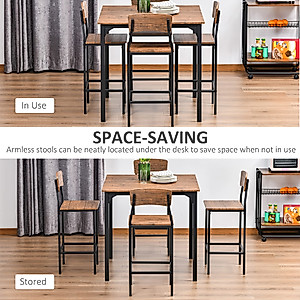 HOMCOM Counter Height Bar Table Set for 4, Square Kitchen Table and Chairs Set with Footrest, Metal Legs, Industrial Dinner Table Set for 4, Walnut