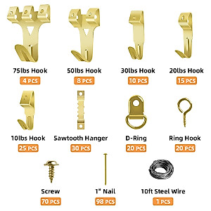 302Pcs Picture Hanging Kit, Heavy Duty Photo Frame Hangers with 10-75lb Hooks, Sawtooth Hardware, Screw Eyes, D Rings, Nails, Screws, Steel Wire for Picture, Painting ,Mirror, Wall Art Mounting