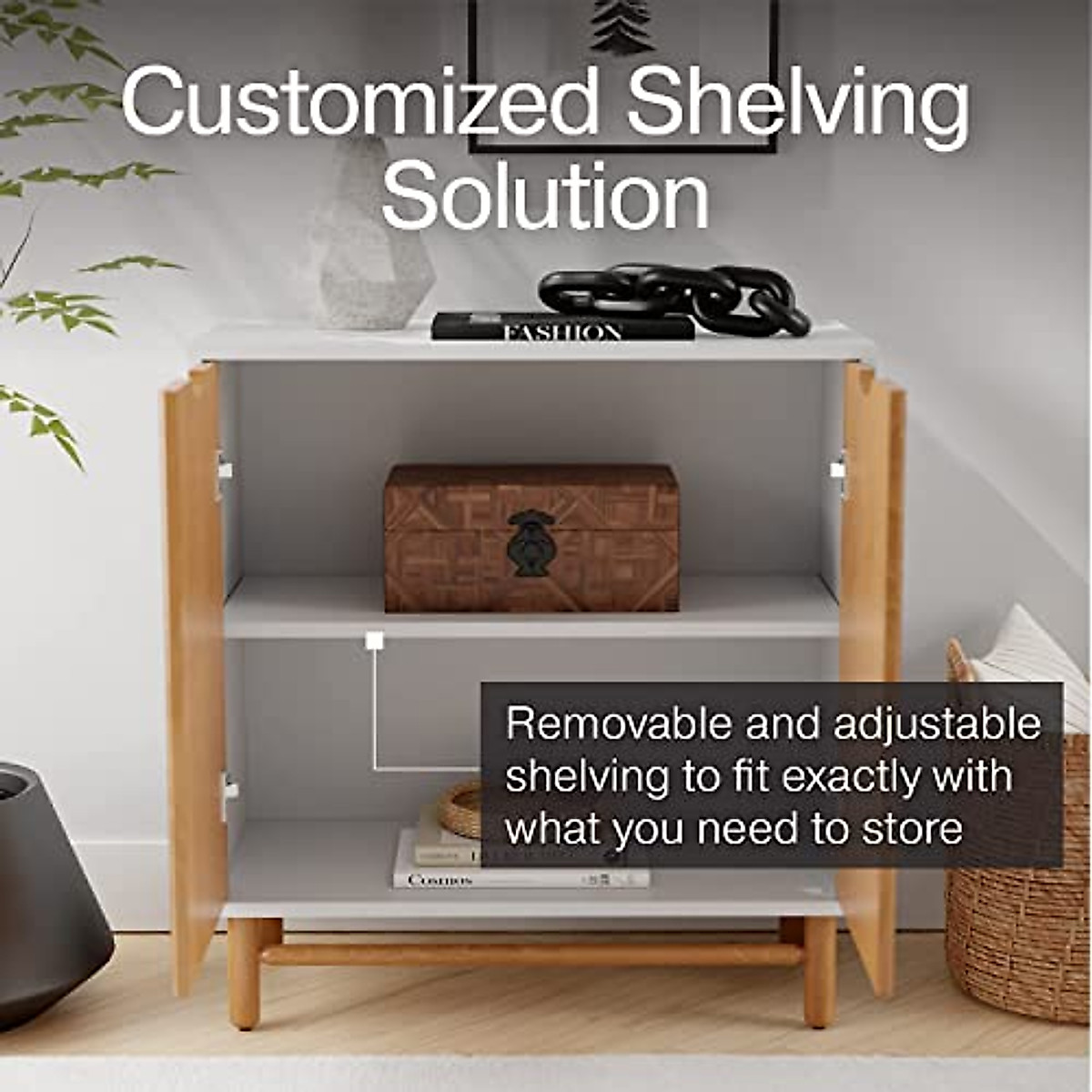 Stead Fluted Sideboard Storage Cabinet - Mid Century Modern Accent Cabinet with Doors - Great in Living Rooms, Bedrooms, and Entryways (White and Oak)