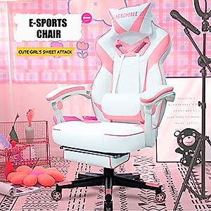 Pink Gaming Chair with Footrest 350LBS Load-Bearing Ergonomic Racing Computer Chair PU Leather with Adjustable Headrest and Lumbar Support for Girls Womens
