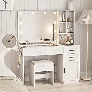 Fameill Vanity Desk with Lighted Mirror & Power Strip,Large Vanity Table with Glass top and Lots Storage,3 Drawer Makeup Desk with Hair Dryer Stand,3 Lighting Modes,White