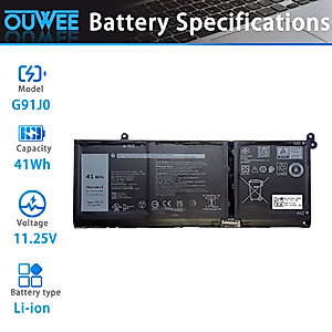 OUWEE 41Wh G91J0 Battery Replacement for Dell Latitude 3320 3330 3420 3520 Inspiron 3510 3511 3515 3525 3530 5310 5410 5418 5510 5515 5518 14 Plus 7420 7415 2-in-1 Vostro 5620 5625 V6W33 TN70C 11.25V
