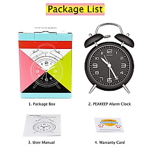 Peakeep 4 Inches Twin Bell Loud Alarm Clock for Heavy Sleepers, Backlight, Battery Operated Old Fashioned Alarm Clock for Bedrooms (Black)