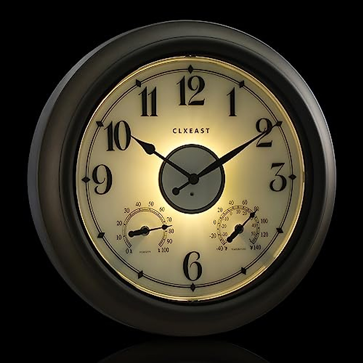 CLXEAST Illuminated Outdoor Clocks Waterproof 18 Inch with Smart Sensor,Large Outdoor Pool Clock with Temperature & Hygrometer,Wall Clock for Living Room Decor,Grey Oak/Faux Barnwood