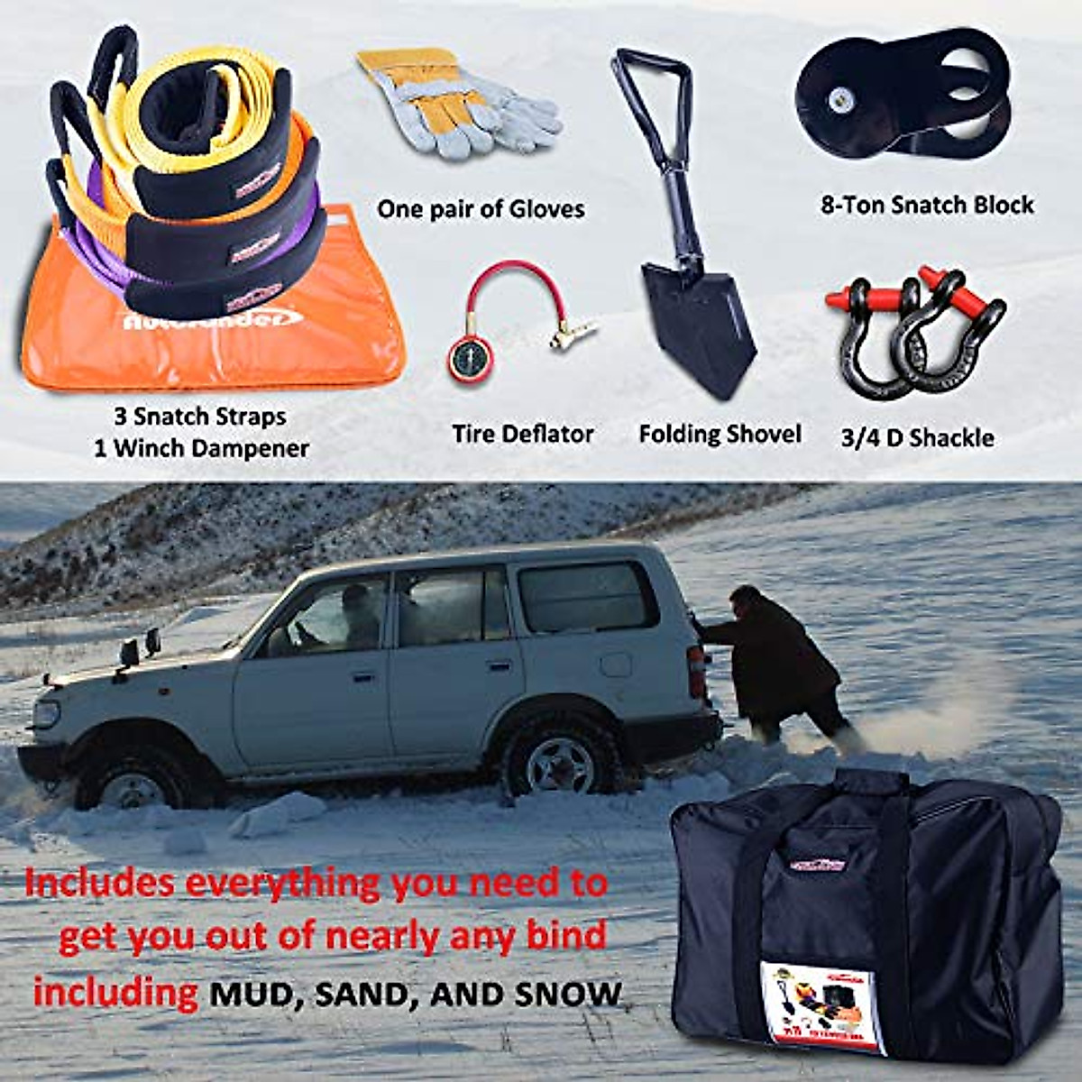 Autofonder 11Pcs Recovery Gear Offroad 4x4 kit-3 Pk Snatch Straps+2 D-Shackles+Snatch Block+Folding Survival Shovel+Tire Deflator+ Leather Gloves+Winch Dampener +Gear Bag- Tow Strap Recovery Set