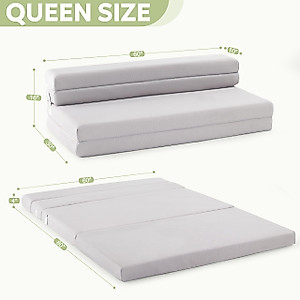 Lazyzizi Foldable Mattress 4Inch Folding Mattress Fold Out Floor Sofa Bed for Adults, Camping, Guest, with Headrest, Breathable & Washable Cover (Queen)
