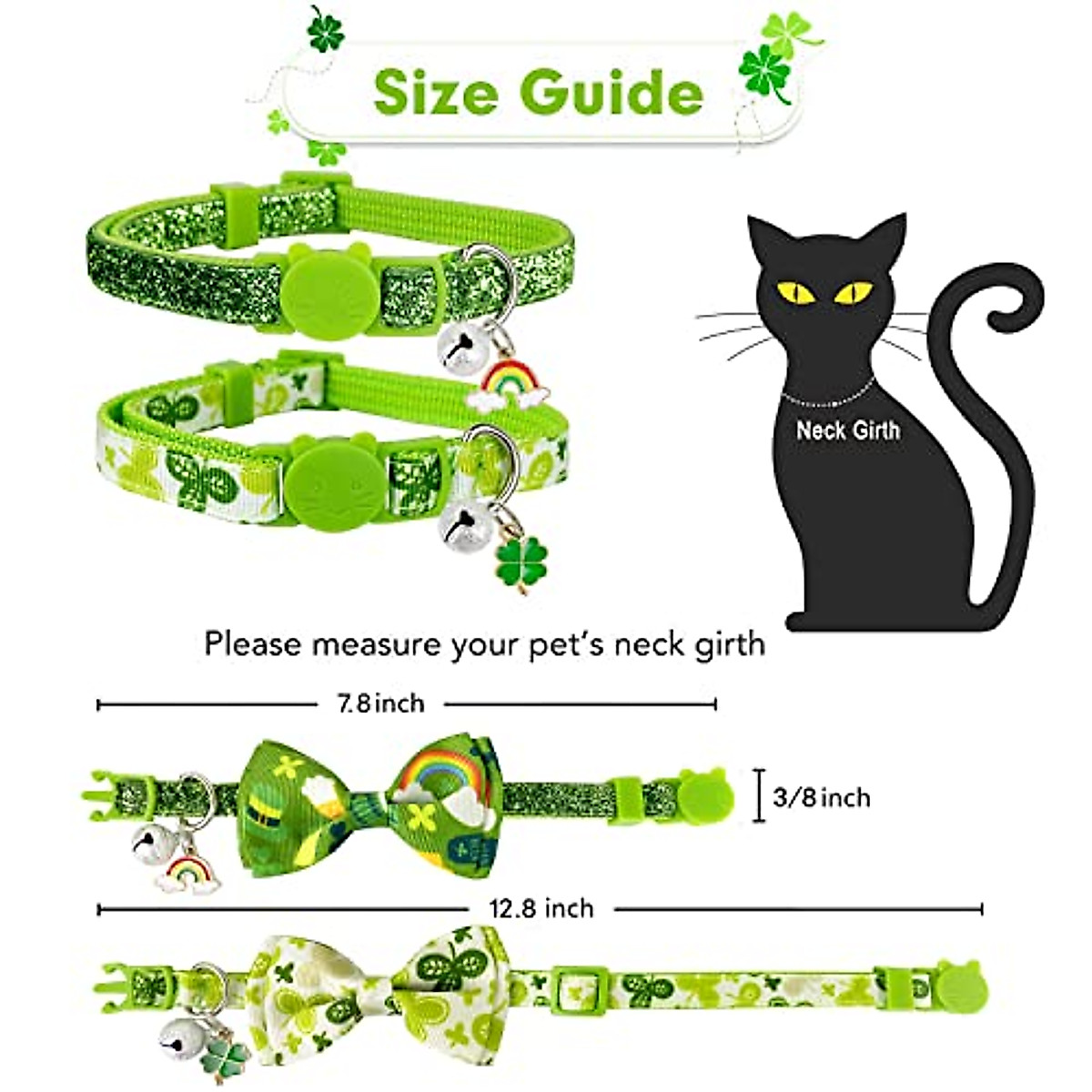 Pohshido 2 Pack St. Patrick's Cat Collar with Bow Tie and Bell, Kitty Kitten Breakaway Lucky Irish Shamrock Collar for Girls and Boys Male Female Cats (The Lucky One)