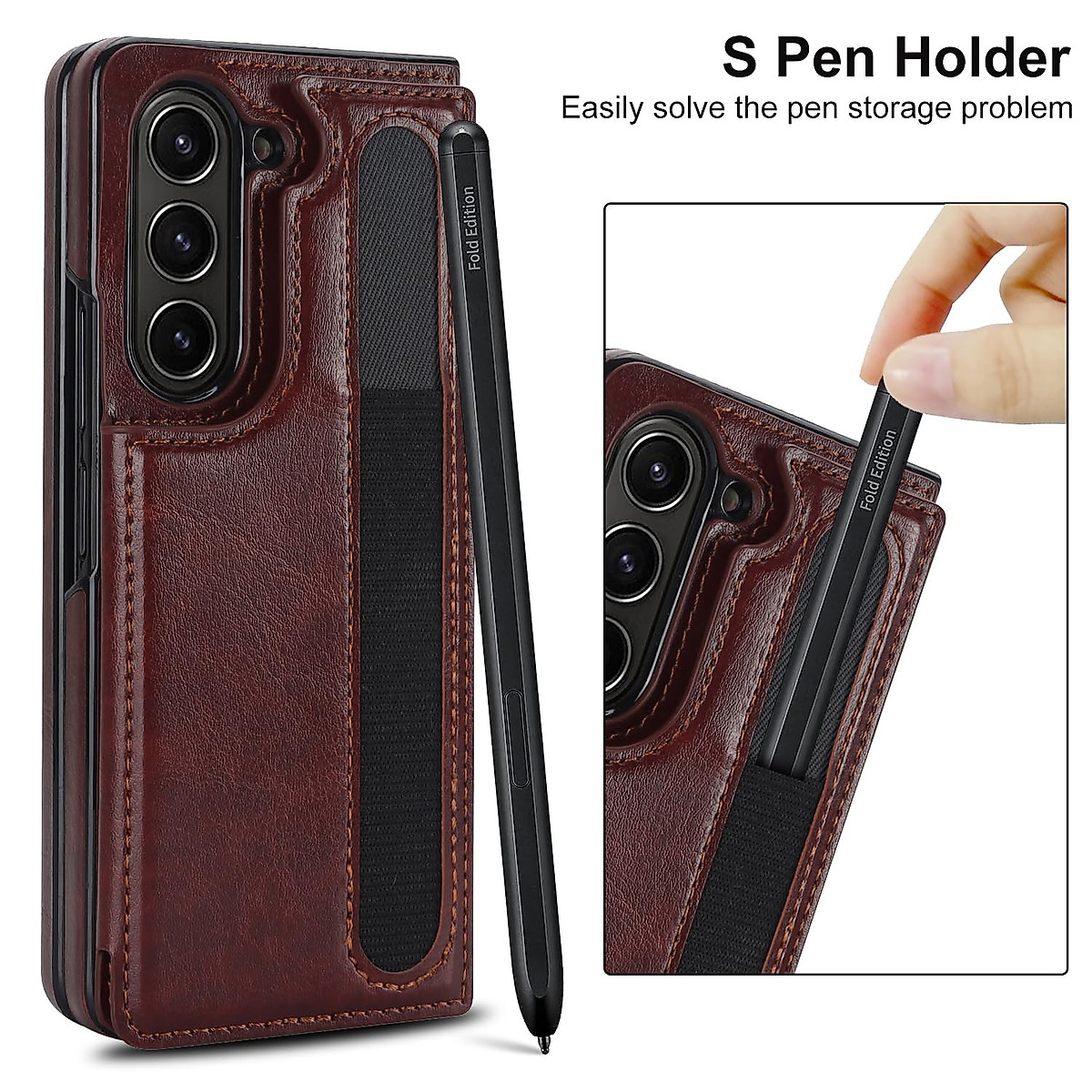 XIMAND for Samsung Galaxy Z Fold 5 Wallet Case with Credit Card Holder and S-Pen Holder,Fold Premium Leather Magnetic Clasp Kickstand Heavy Duty Protective Cover.(Brown)