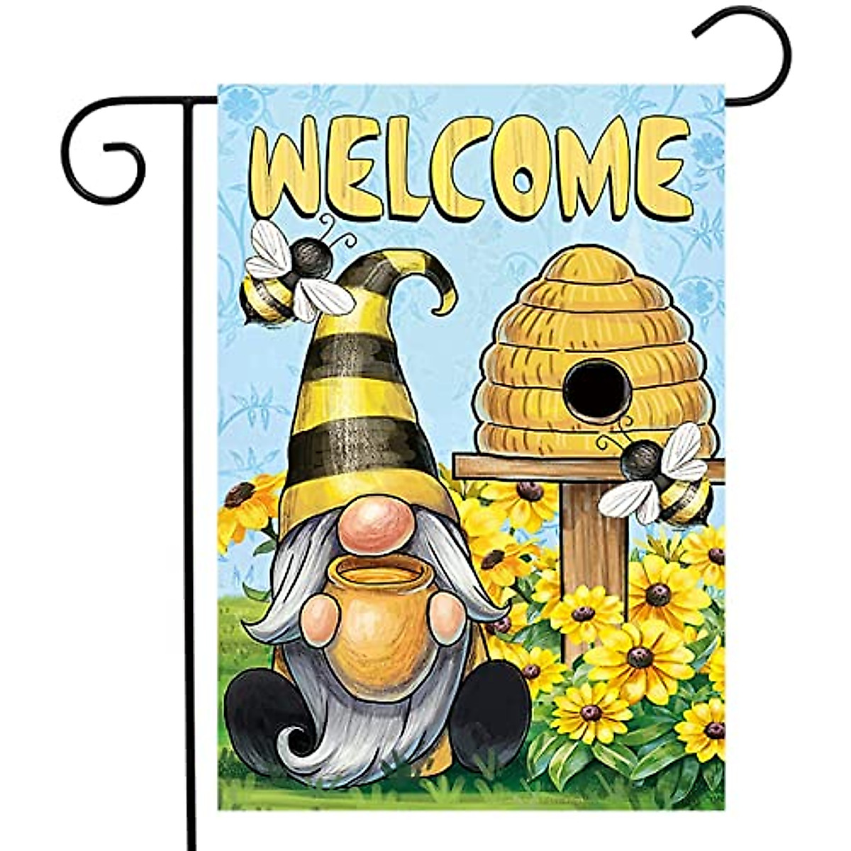 BUYITO Welcome to Our Bee Garden Flag, Gnome Spring Summer Farmhouse Fall Yard Outdoor Daisy Decoration Vertical Double Sided Garden Banner Floral Hive Farmhouse Burlap Outdoor Welcome Flag 12 x 18 Inch