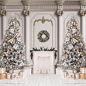 Kate 10×10ft (3×3m) Christmas Tree Photo Backdrop Xmas Palace Classic Indoor White Fireplace Gifts Decoration Photography Background for Christmas New Year Photographer Studio Props