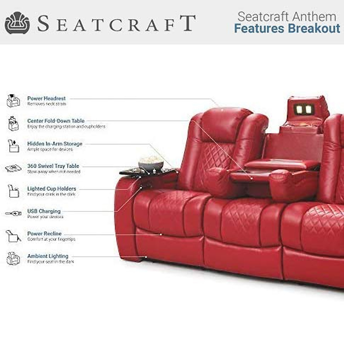 Seatcraft Anthem Home Theater Seating - Top Grain Leather - Power Recline Sofa - Fold-Down Table - Powered Headrests - Arm Storage - AC/USB and Wireless Charging - Cup Holders, Red