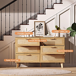 XDliv Rattan Dresser, 6-Drawer Dresser for Bedroom, Double Dresser Rattan Storage Chest Unit Walnut