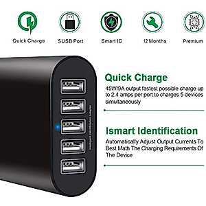 USB Car Charger Multiple Ports, 45W 5-Ports Quick Charge Car Charger Adapter,12V-24V Cigarette Lighter Adapter Multi USB Auto Splitter Fast Charging for iPhone & Android,Samsung Galaxy S10 S9 Plus