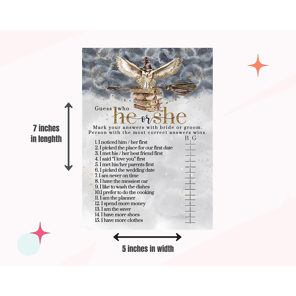 Halloween Bridal Shower Games Pack - 25 Double-Sided Cards - 5x7 Premium Quality Cardstock - Who Knows the Bride Best & He Said or She Said - Magical Wizard and Owl Design - Perfect for 25 Guests