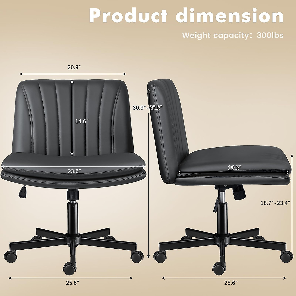 LEMBERI Armless Office Desk Chair with Wheels,Faux Leather Cross Legged Wide Chairs, Mid Back Swivel Computer Task Chairs for Home Office,Make Up,Small Space,Bed Room, Grey