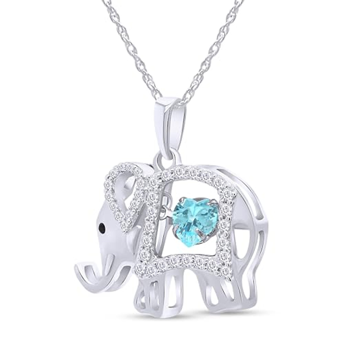 AFFY Simulated Aquamarine And White Cubic Zirconia Floater Elephant Pendant Necklace, 14K White Gold Over Sterling Silver, 5MM Heart Cut Center Aquamarine, 18'' Rope Chain