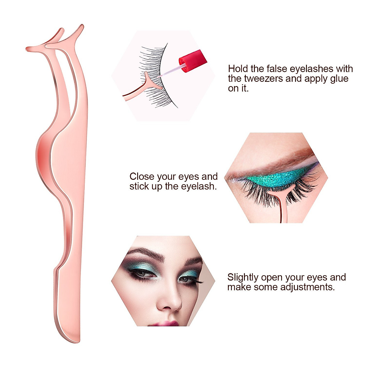 Jovitec Fake Eyelashes Applicator Tool, Slant Tip Hair Tweezers, Eyebrow Tweezers Eyebrow Scissors, 4 Pieces with Black Velvet Bag (Rose Gold)
