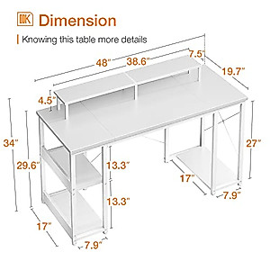ODK 48 inch Computer Desk with Monitor Shelf and Storage Shelves, Gaming Desk, Study Table with CPU Stand & Reversible Shelves, White