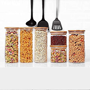 ComSaf Airtight Glass Storage Containers with Bamboo Lid (30oz Set of 3), Clear Food Storage Canisters with Lid, Kitchen Pantry Storage Jar for Flour Cereal Sugar Tea Coffee Beans Snacks, Round