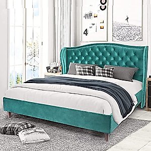 QHITTY Queen Size Bed Frame, Modern Velvet Button Tufted Upholstered Platform Bed with Nailhead Trim Headboard, Wood Slat Support, Easy Assembly, No Box Spring Needed