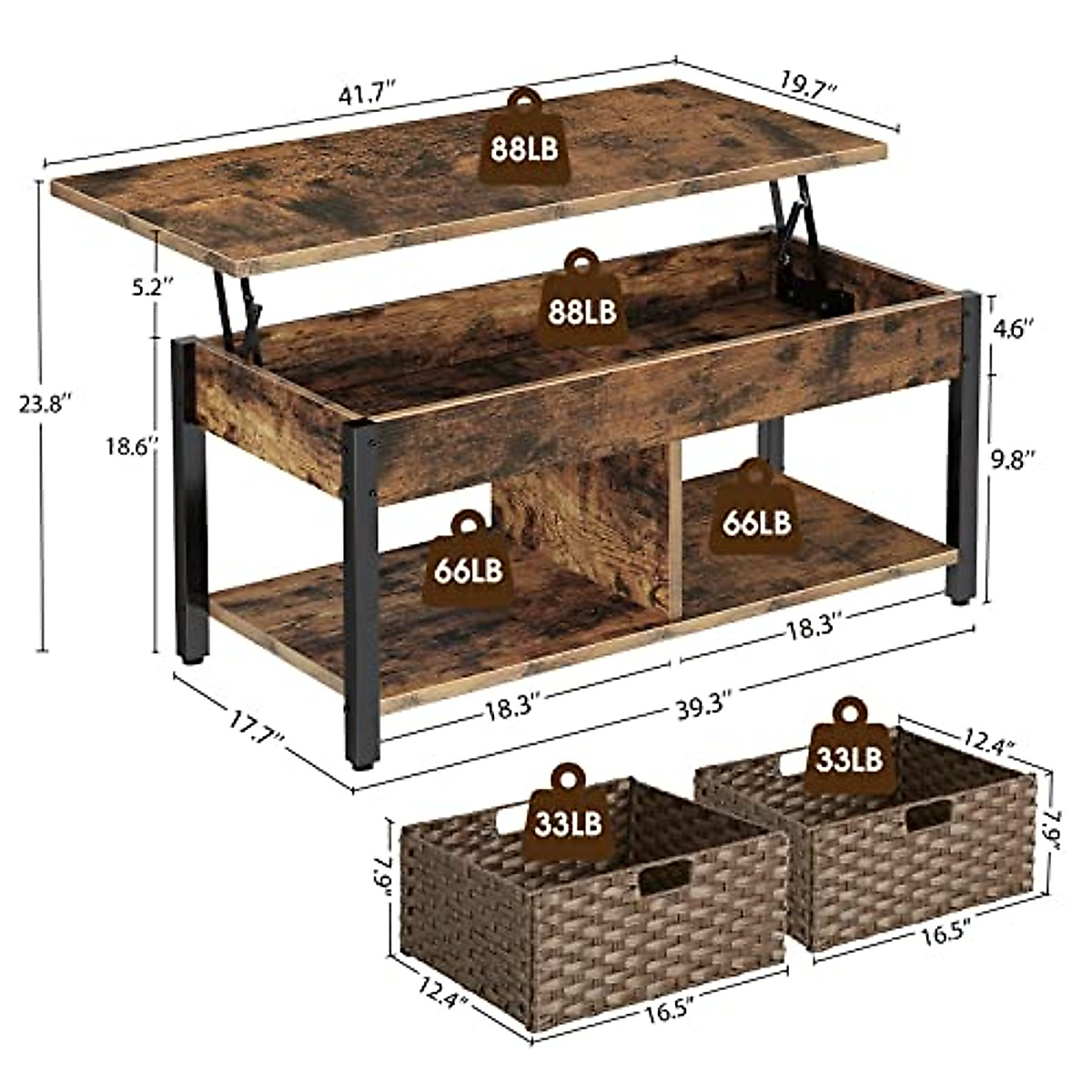 Rolanstar Coffee Table Lift Top, Coffee Table with Hidden Storage Compartment and 2 Rattan Baskets, 41.7" Retro Central Table with Wooden Lift Tabletop and Metal Frame for Living Room, Rustic Brown