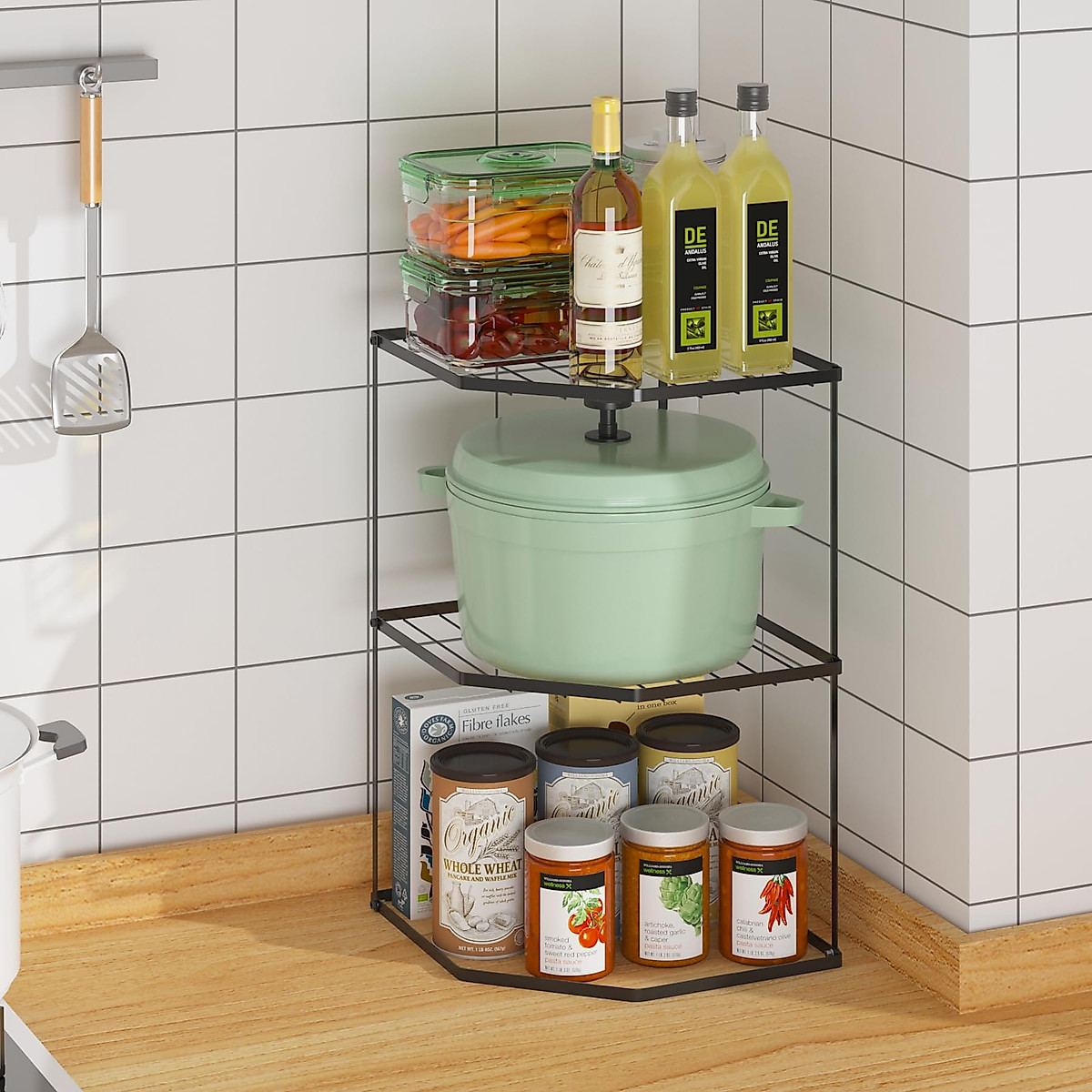 Buzowruil Kitchen Corner Shelf, 3-Tier Pot and Pan Rack, Cookware Pots and Pans Organizer, Kitchen Shelves,Black