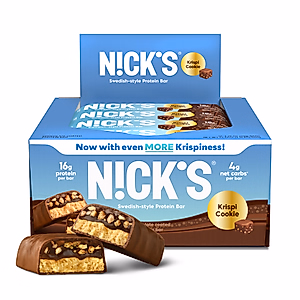 Nick's Protein Bars Crispy Nougat | 16g protein | 210 calories | Low Carb Keto Friendly Snacks No Added Sugar (Multipack 12 bars x 50g)