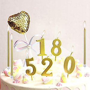 52Pcs Birthday Numeral Candles Set, FULANDL 20Pcs Number 0-9 Glitter Cake Topper Decoration with 32Pcs Long, Star, Heart Birthday Candles (Gold and Silver )