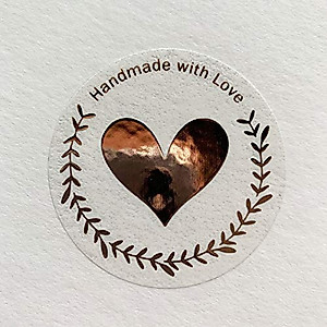 100 x Handmade Business Stickers, Rose Gold Foil Stickers, Handmade Foil Labels, Handmade with Love Stickers, Gold Rose Foil, Transparent Foil Print, 1.6 inch