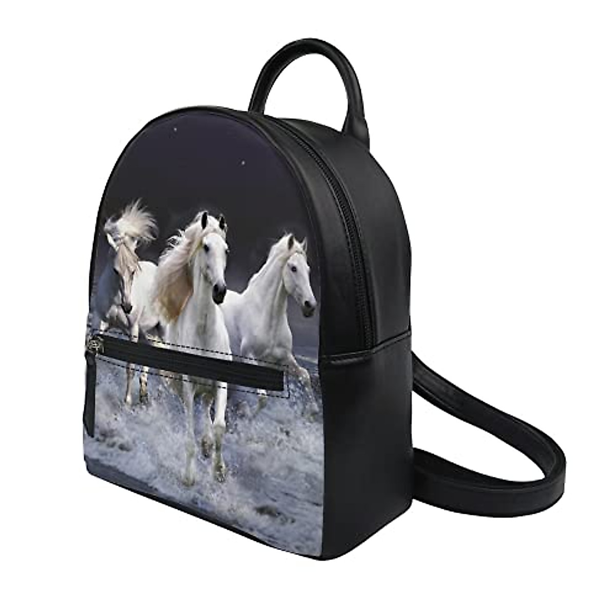 Freewander White Horse Mini Backpack PU leather Daypack with Zipper & Front Pocket for Women Men Girls