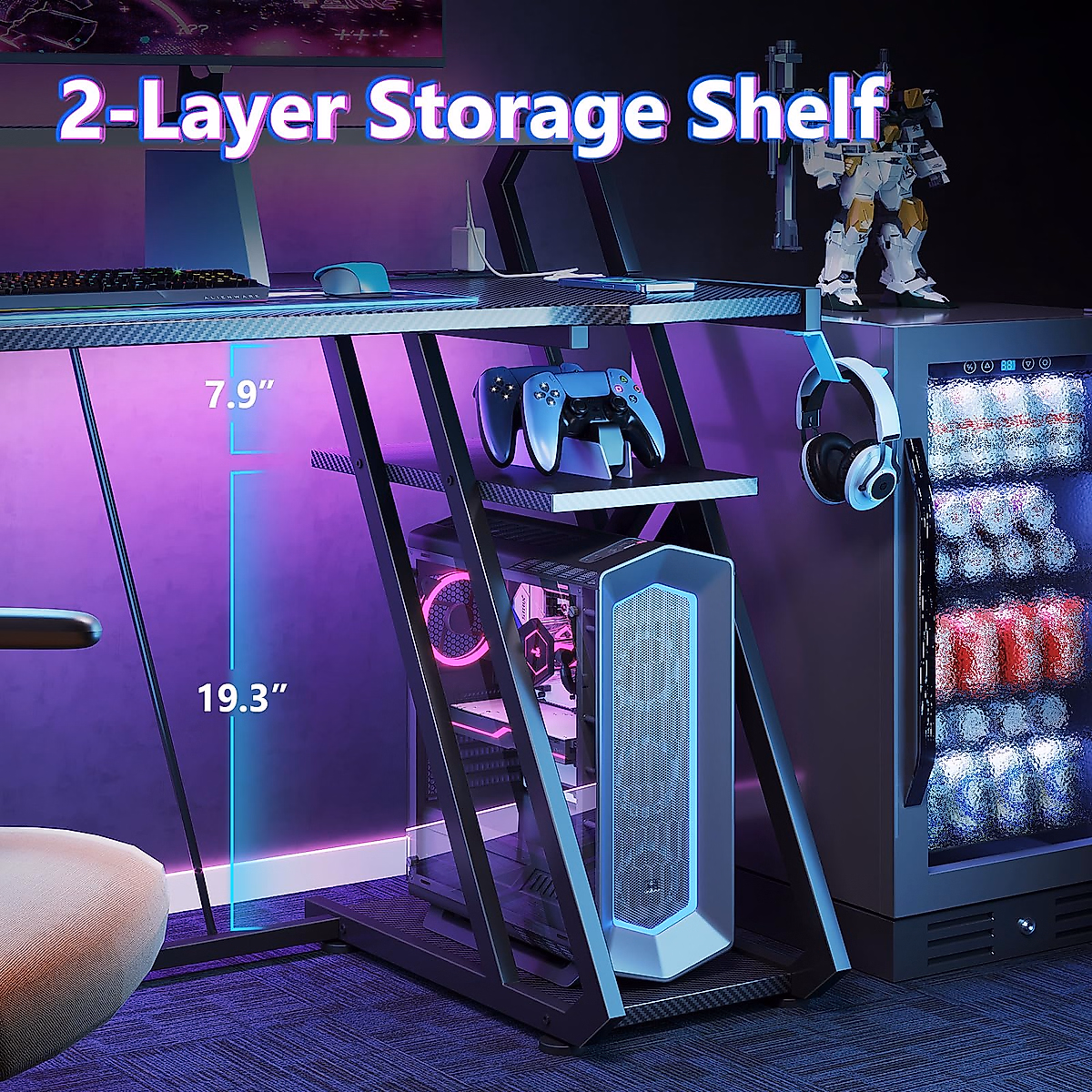 MOTPK Gaming Desk with Power Outlet & LED Lights, Gaming Computer Desk 39inch with PC Storage Shelf, Gaming Table with Carbon Fiber Texture, Gamer Desk, Gift for Boys Men, Black