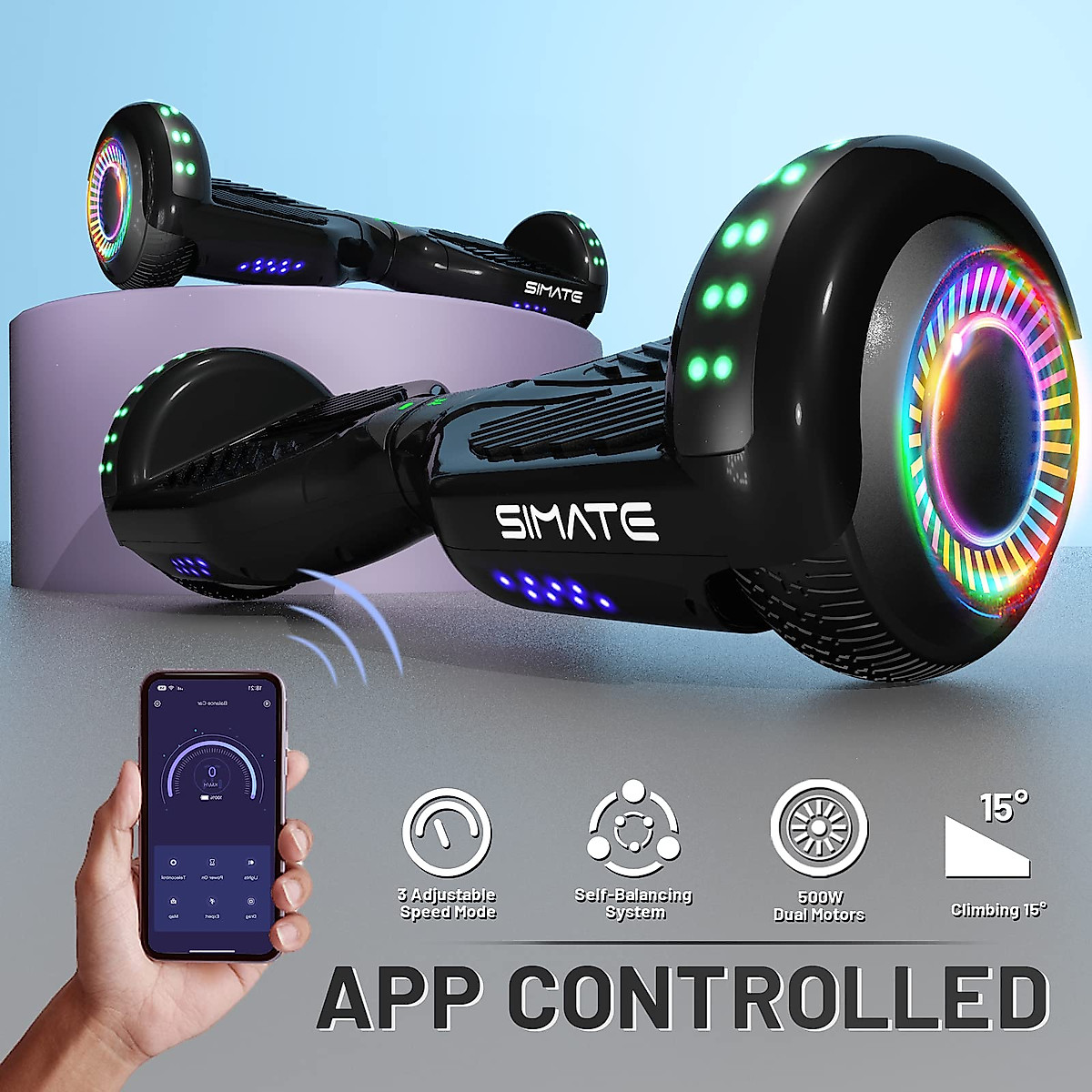 SIMATE 6.5" Hoverboard with Bluetooth & LED Lights, Self Balancing Hover Boards for Kids & Adults & Girls & Boys, for All Ages…