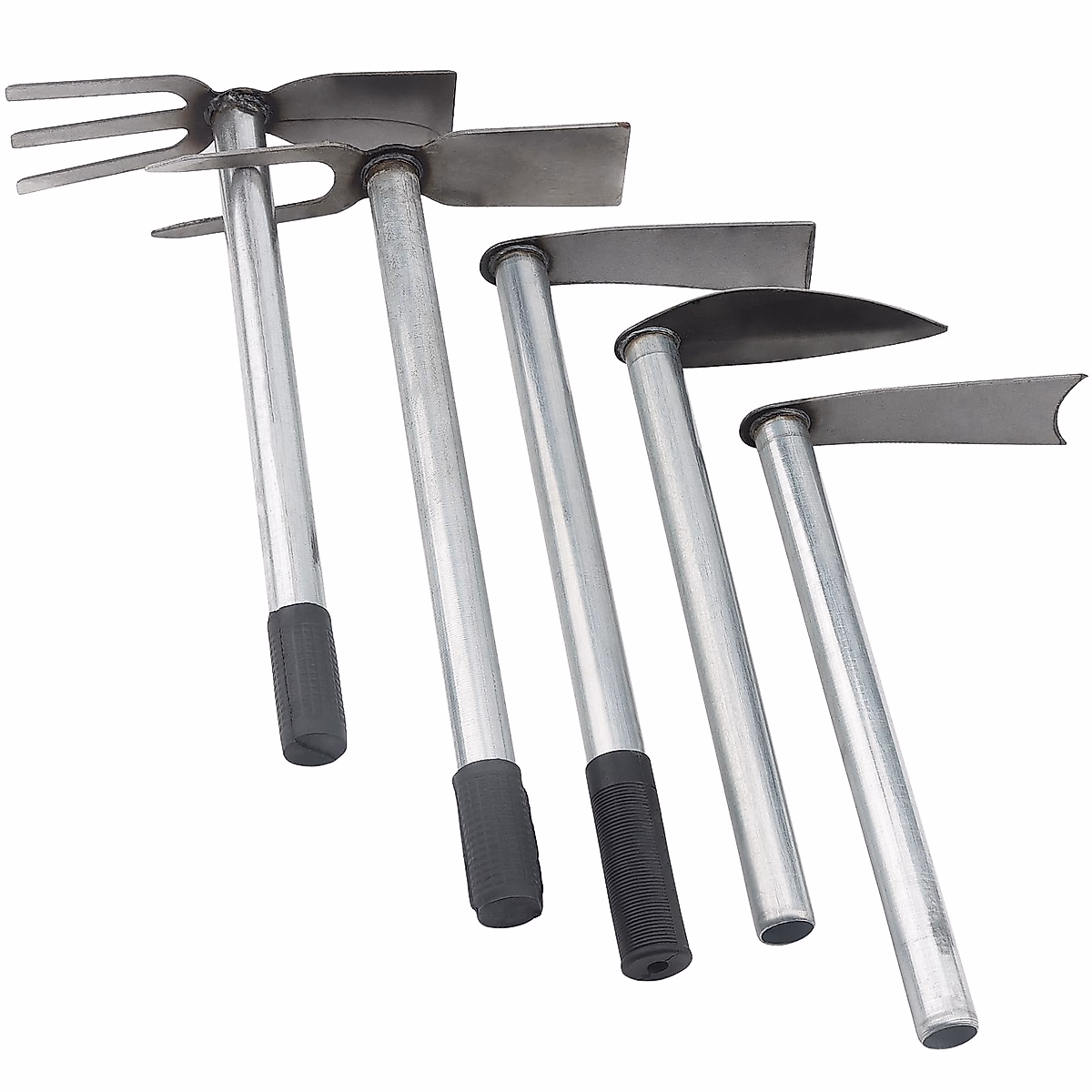ZEONHEI 5 PCS Hoe Garden Tool Set, Hoe and Cultivator Hand Tiller, Heavy Duty Digging Hoe, 2 Fork and 3 Fork Hand Tiller for Gardening Weeding Digging Loosening Soil, Carbon Steel