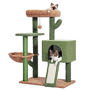 PAWZ Road 41 Inches Cactus Cat Tower with Sisal Covered Scratching Post and Cozy Condo for Indoor Cats, Cat Climbing Stand with Plush Perch &Soft Hammock for Multi-Level Cat Play House