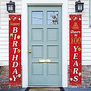 Happy 100th Birthday Porch Sign Door Banner Decor Red – Cheers to 100 Years Old Party Theme Decorations for Men Women Supplies