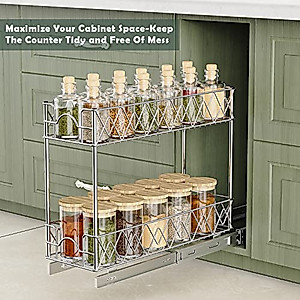LYNNON 2 Tier Pull Out Cabinet Organizer Heavy Duty Pull Out Cabinet Drawer Sliding Cabinet Organizer Pull Out Shelves for Pantry, Kitchen, Bathroom,(7''Wx21''Dx17.3''H) - Chrome