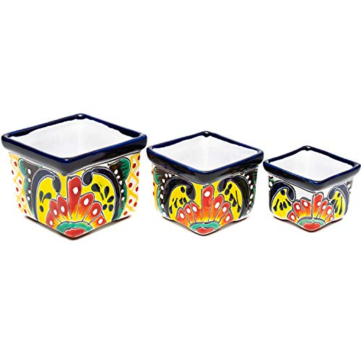 Enchanted Talavera Handmade Mexican Pottery Talavera Ceramic 3 Piece Set Succulent Pot Set Mini Flower Planter Cactus Pot Home Office Desk Décor Gift Small Shelf Desk Window Pottery (Multi-Color)