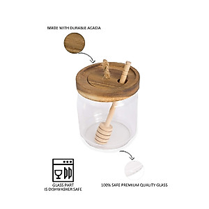 Honey Jar Pot Glass Holder Dispenser Set with Wooden Dipper Stick and Acacia Lid Cover for Home Kitchen, Clear, Modern Honey Syrup Glass Container for Storage Gift, Honey Pot and Drizzler (14 Oz)