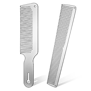 Patelai 2 Pieces Metal Comb Set, Stainless Steel Blending Comb Fine Styling Cutting Comb Flat Top Clipper Comb Metal Detangling Comb for Men Women Salon, Silver