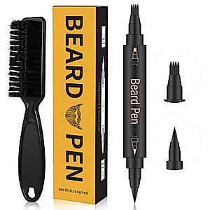Beard Pencil Filler For Men,4 Tip Beard Filler Pen Kit Beard Pen & Beard Brush Male Mustache Repair Shape, Effective Enhance Facial Hair Waterproof Proof and Sweat Proof (Portable Box & Black Pen)