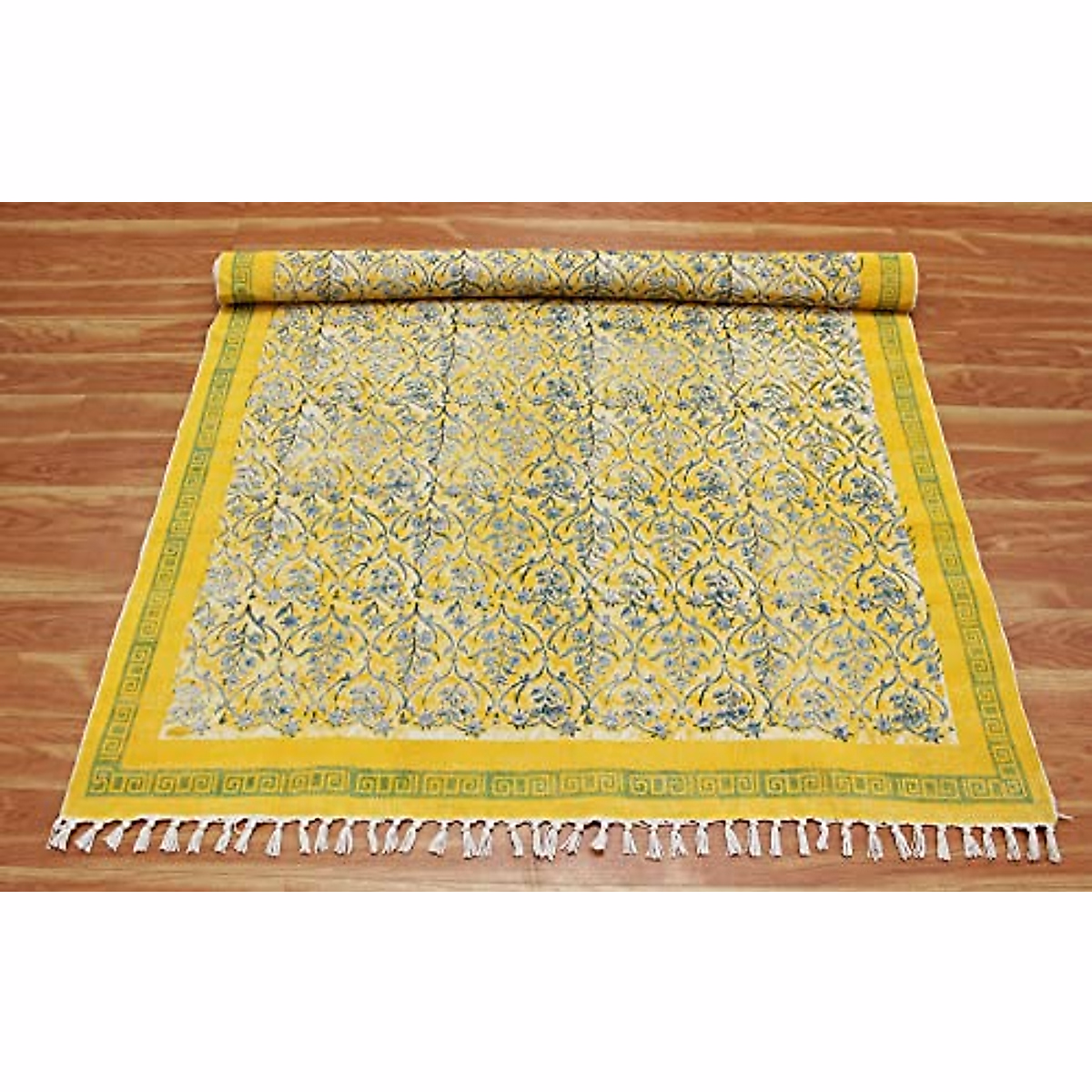 Casavani Indian Handmade Cotton Dhurrie Bordered Yellow & Green Area Rug Boho Kilim Flat Weave Rug Indoor Hall Room Decor Carpet Throw Rugs for Bedroom Living Room Bathroom Balcony 4x7 Feet