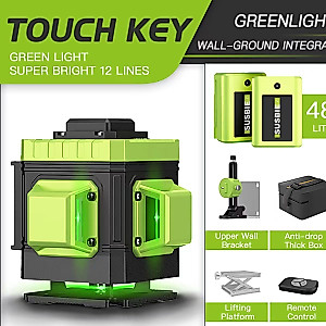 Susbie Laser Level -3x360° Cross Line Laser for Construction and Picture Hanging-12 Green Lasers with Self-leveling-Level Tool with 10000 mAh Rechargeable Battery