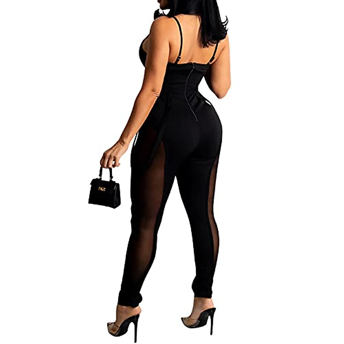 Uni Clau Women Sexy Spaghetti Strap Bodycon Tank One Piece Jumpsuit Mesh Patchwork See Through Long Pants Party Club Romper Black M