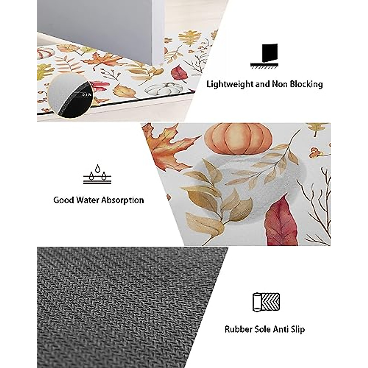 Pumpkin Leaves Bath Mat for Tub,Non Slip Bathroom Floor Runner Rug Quick Dry & Absorbent Diatomaceous Earth Shower Sink Kitchen Living Room Washable Doormat,Retro Fall Wildflower Plant Leaves 16"x24"