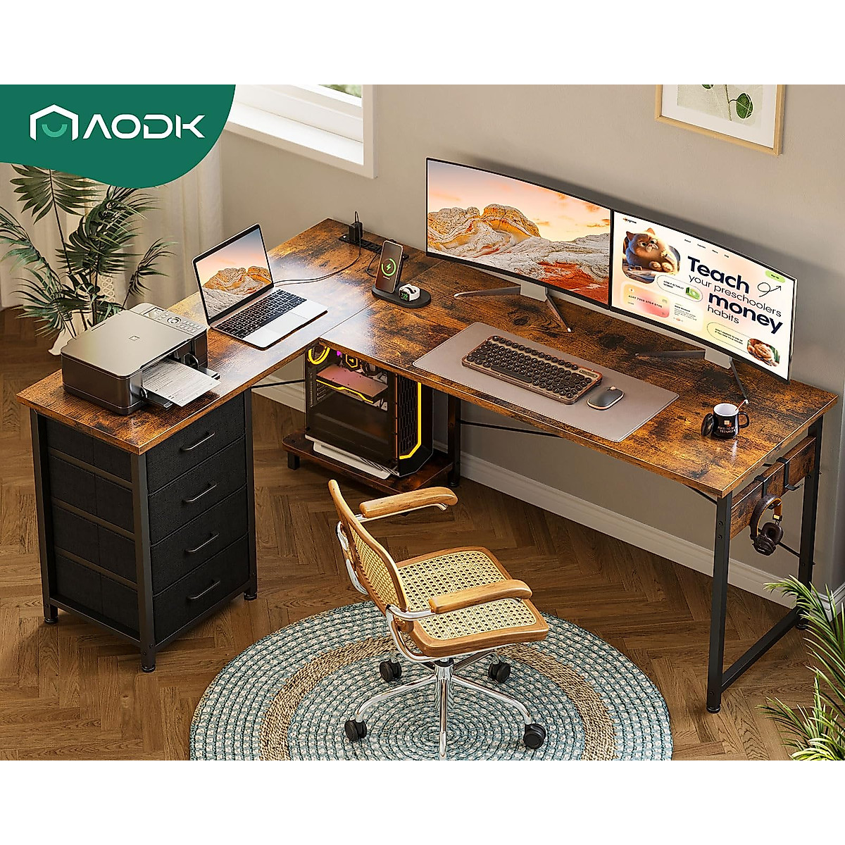 AODK L Shaped Desk with 4 Tier Drawers, 61" Reversible Gaming Desk with Power Outlets, L Shaped Computer Desk with USB Charging Port and Host Stand, Home Office Corner Desk, Easy to Assemble, Vintage