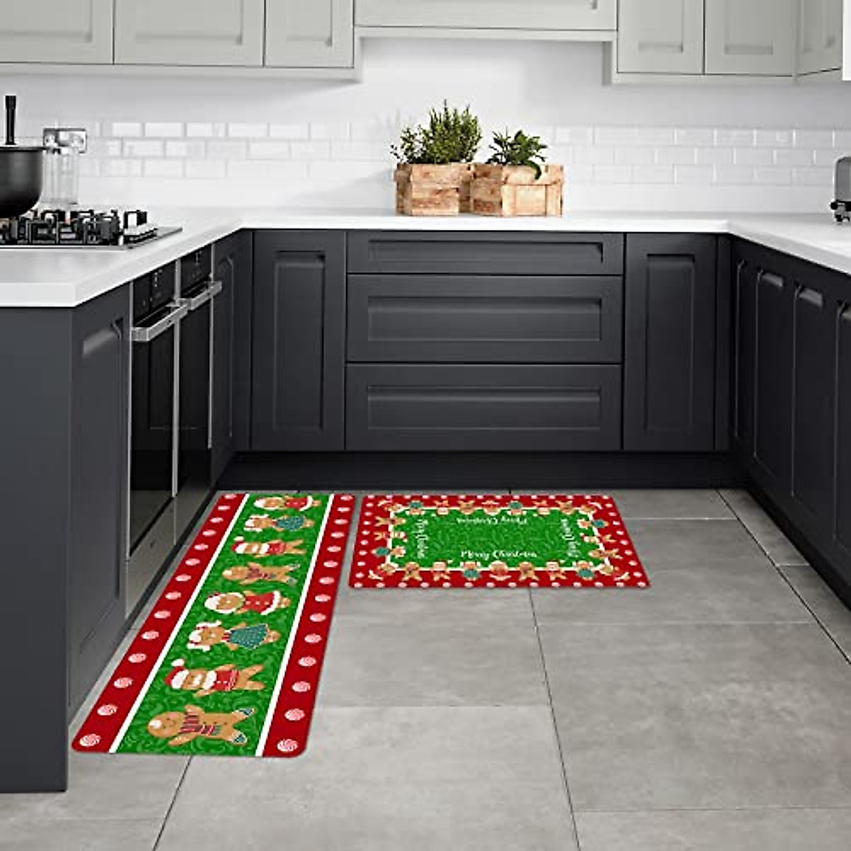 Libaoge Kitchen Mat Rug Set of 2 Merry Christmas Gingerbread Man Green and Red Runner Rug Anti-Fatigue Comfort Memory Foam Standing Mat Non-Slip Floor Door Mat for Bathroom Bedroom 18x30in+18x60in