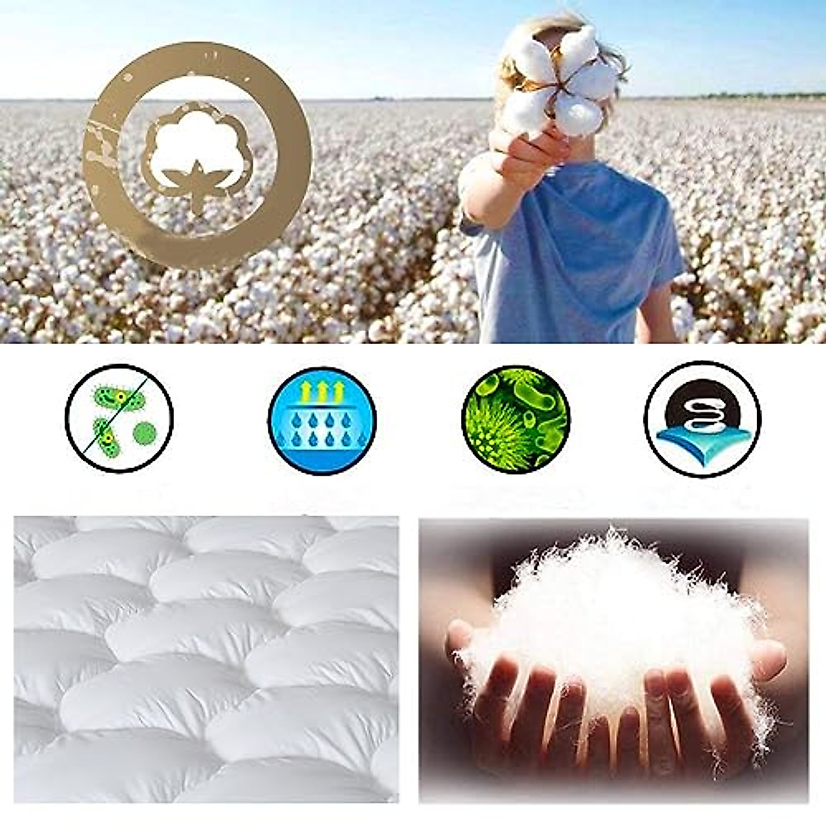 JURLYNE Mattress Pad Full XL Size, Quilted Fitted Mattress Cover, Pillow Top with Fluffy Breathable 5D & 7D Spiral Fiber Filling, Cooling Mattress Topper Cover, Protector, White