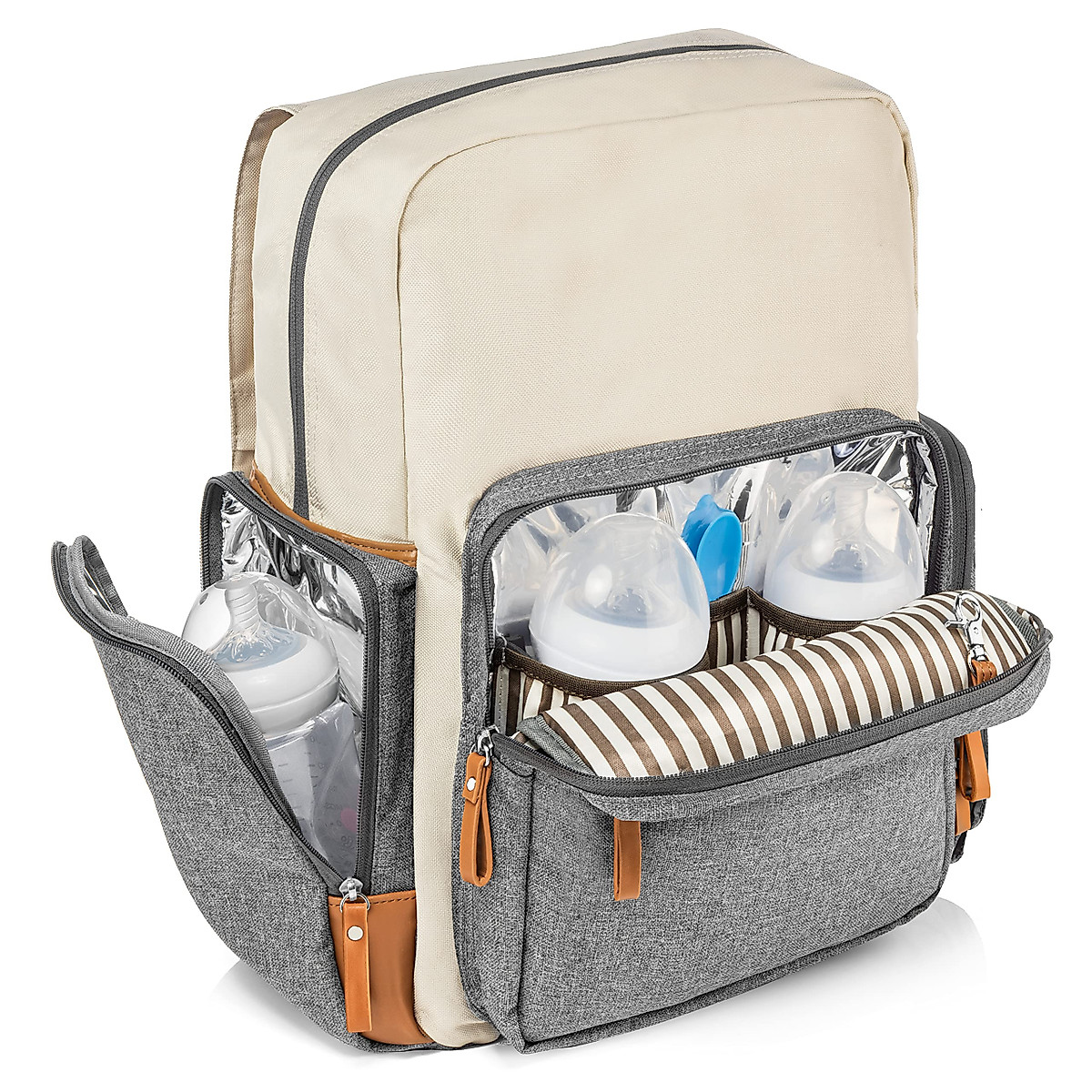 Huggleboo Diaper Backpack - Waterproof Canvas Baby Bag with Wipes Pocket Stroller Straps Changing Pad and Laptop Pocket - Unisex Maternity Travel Nappy Bag for Moms Dads Boys and Girls - Beige/Grey