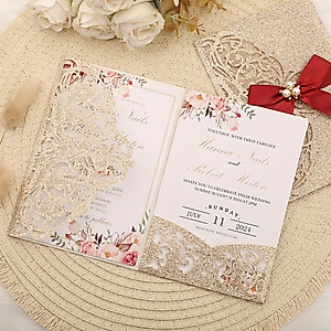 25Pcs Wedding Invitations with Envelopes and RSVP Cards Trifold Glitter Laser Cut Invitation Pocket Blank Invitations with Envelopes Rsvp Card for Wedding Quinceanera Bridal Baby Shower 15 años Custom