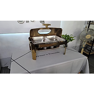 HONHPD Roll Top Chafing Dish Buffet Set, 9 QT Stainless Steel Chafing Server Set for Catering Commercial Chafers Buffet Warmer for Parties, Wedding, Banquet, Events (2 Half-Size), Gold